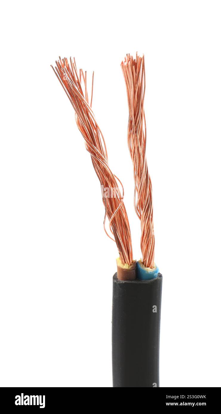 Stripped electrical wire with copper strands on white background Stock ...