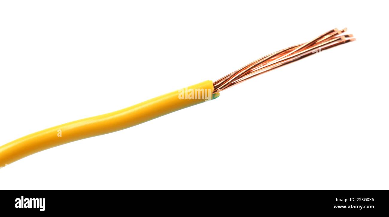 Stripped electrical wire with copper strands on white background Stock ...