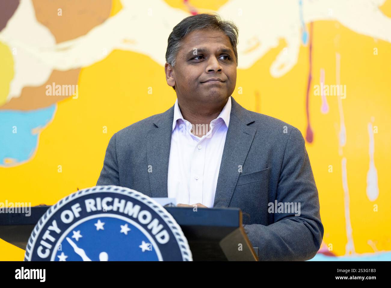 Mayor Danny Avula speaks during a press conference at the main library ...