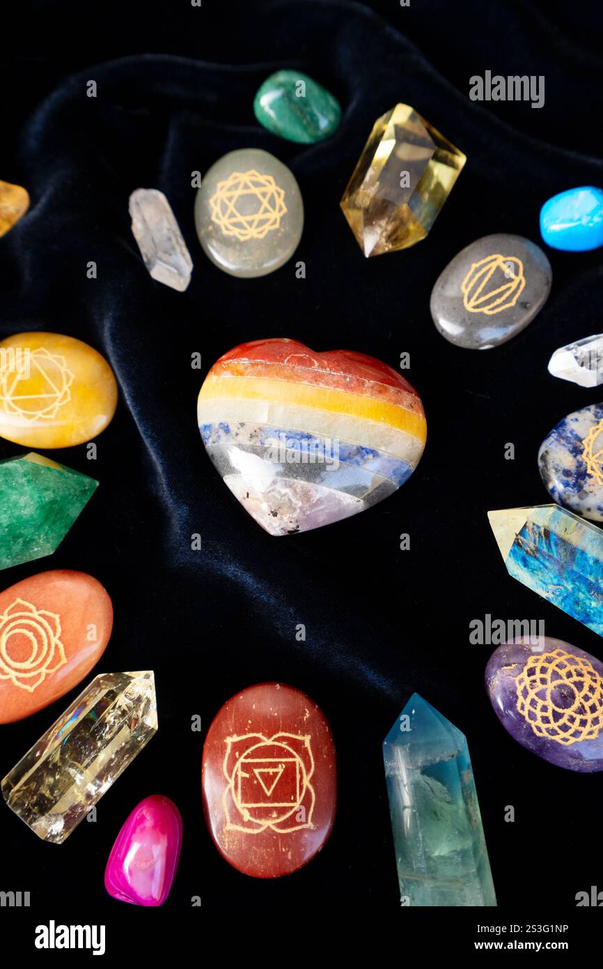 Gemstones minerals stones and obelisks on velvet background. Witchcraft ...