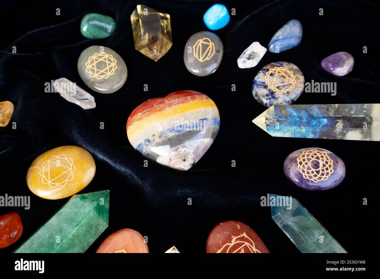Gemstones minerals stones and obelisks on velvet background. Witchcraft ...