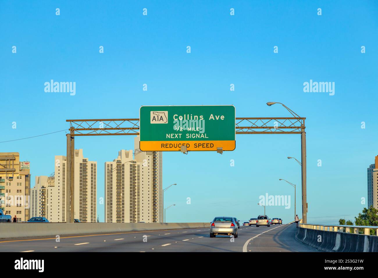 traffic sign at the highway in Miami with A1A, Collins ,avenue, reduced ...