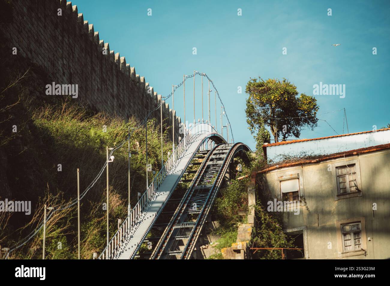 Steep funicular railway track ascending through lush greenery and ...
