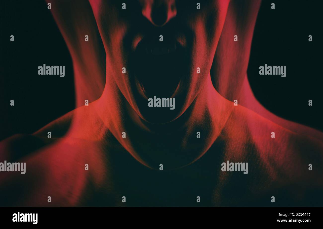 Girl shouts abstraction. Creepy screaming woman on a black background ...