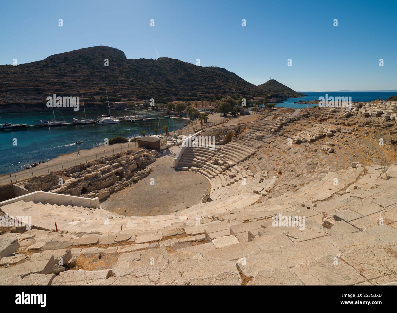 A view of the small theatre and the great harbour in the ancient city of Knidos. Important ...