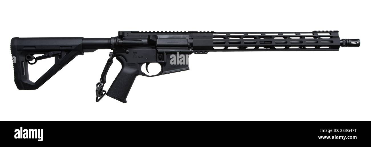 This image shows a black semi-automatic rifle with a tactical stock and ...