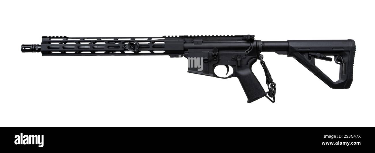 This image shows a black semi-automatic rifle with a tactical stock and ...
