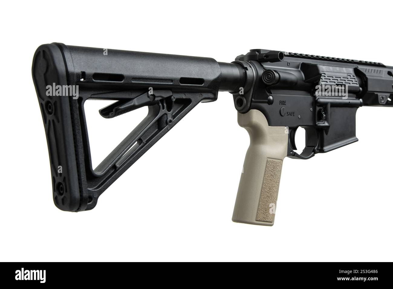 This image shows a close-up of the stock and grip of a modern black and ...