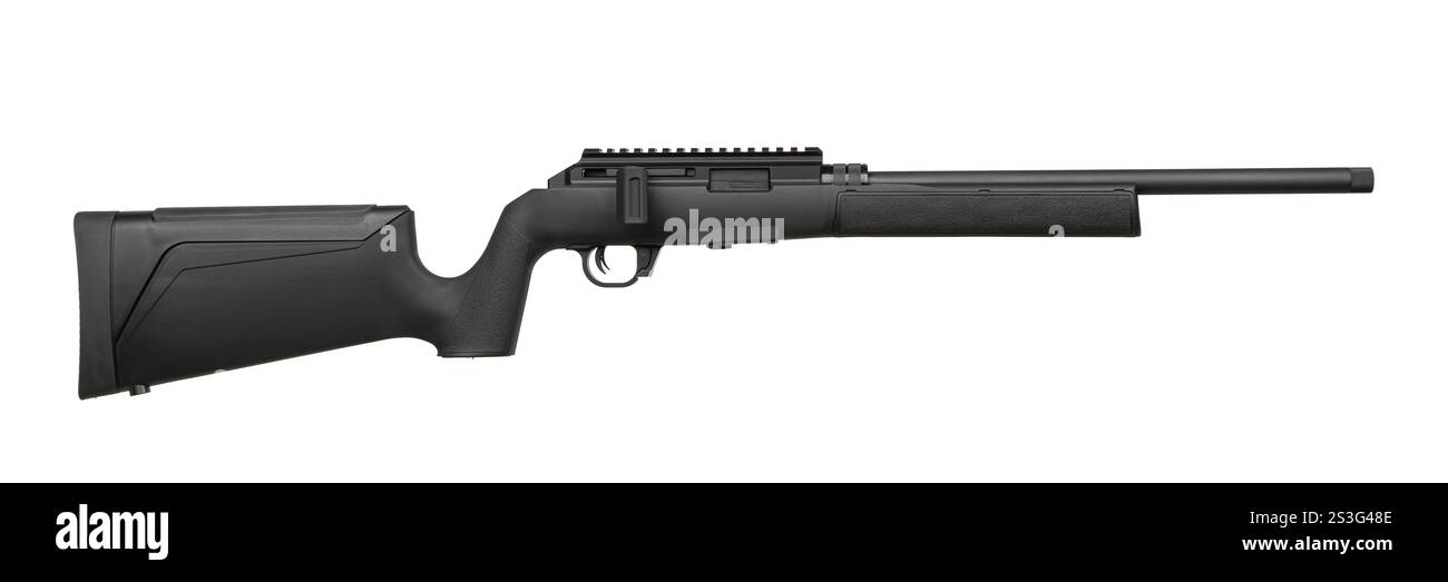 A sleek, black, small-caliber sporting rifle with a modern design ...