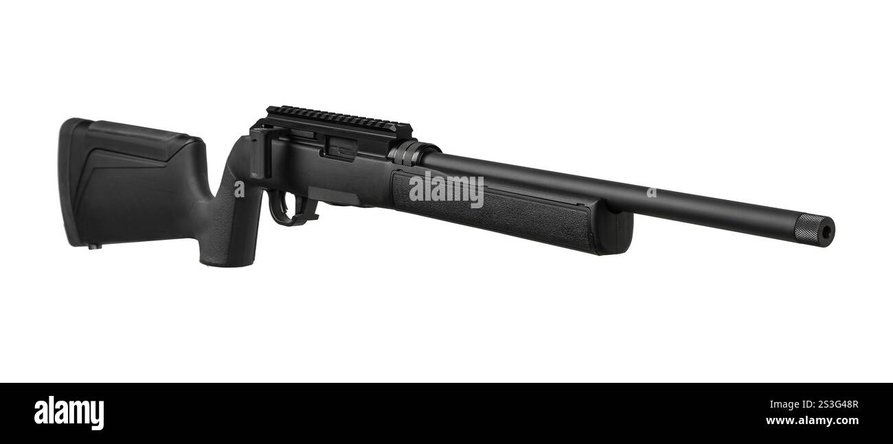 A sleek, black, small-caliber sporting rifle with a modern design ...