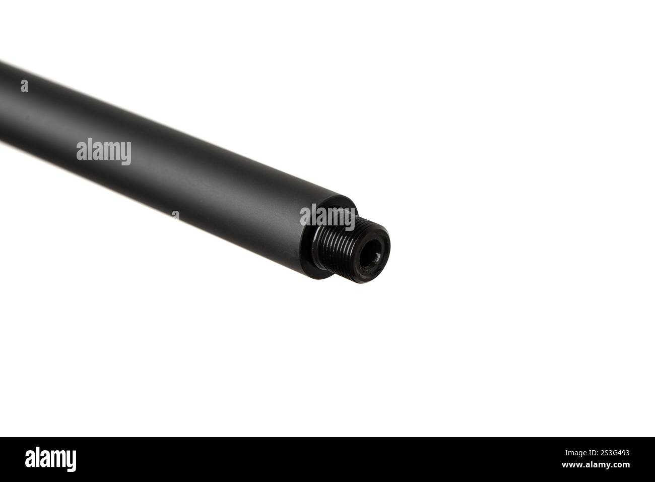 Close-up of the black, threaded barrel end of a small-caliber sporting ...