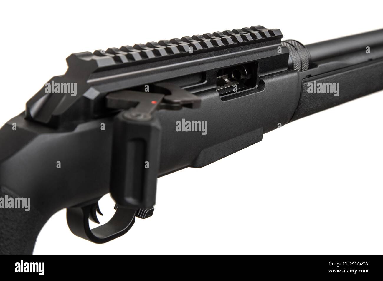 Close-up of a small-caliber sporting rifle, showcasing the bolt action ...
