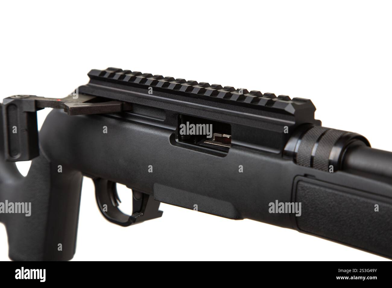 Close-up of a small-caliber sporting rifle, showcasing the bolt action ...