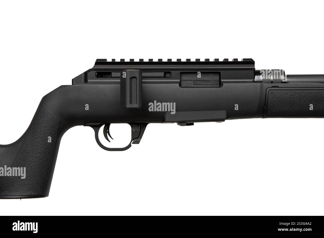 Close-up of a small-caliber sporting rifle, showcasing the bolt action ...