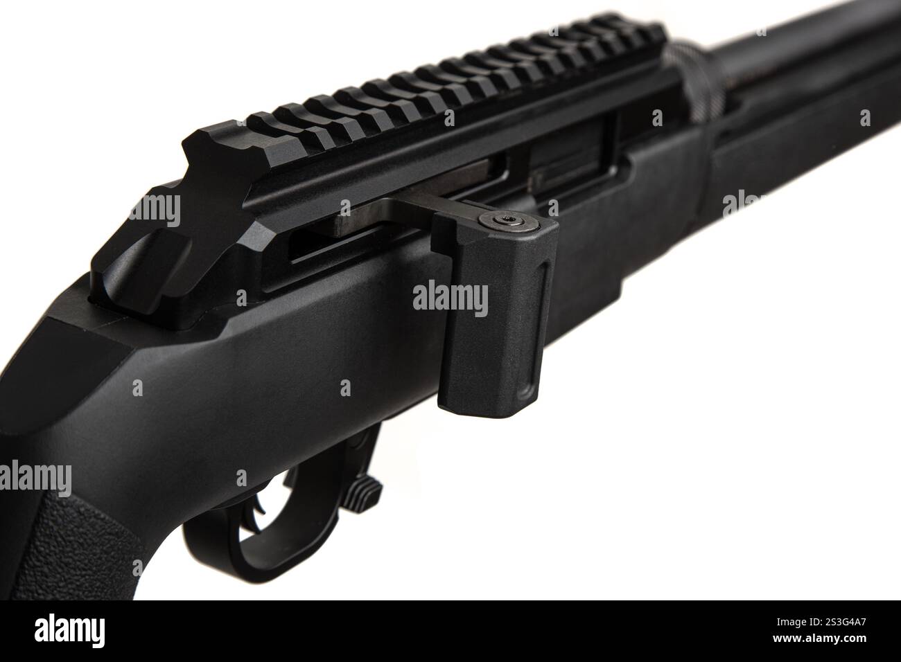 Close-up of a small-caliber sporting rifle, showcasing the bolt action ...