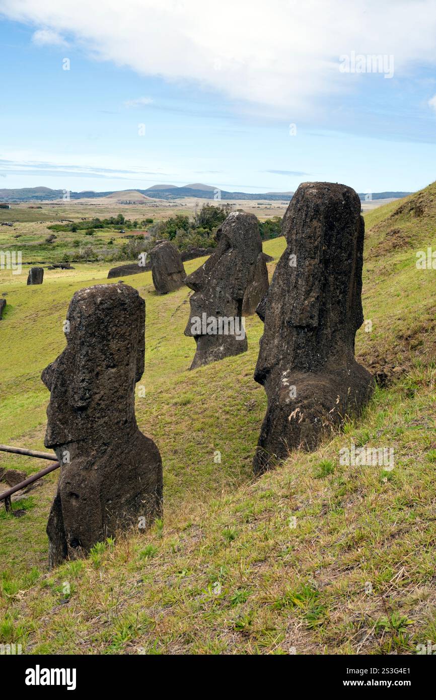 Half buried and fallen Moai (monolithic statues) at Rano Raraku, the ...