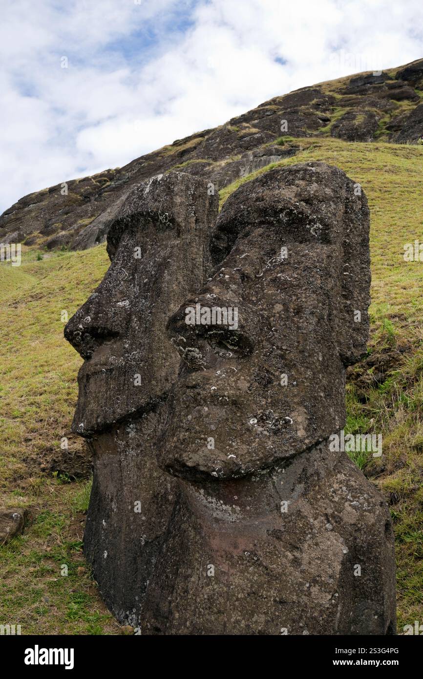 Two Moai (monolithic statues) at Rano Raraku, the quarry where most ...