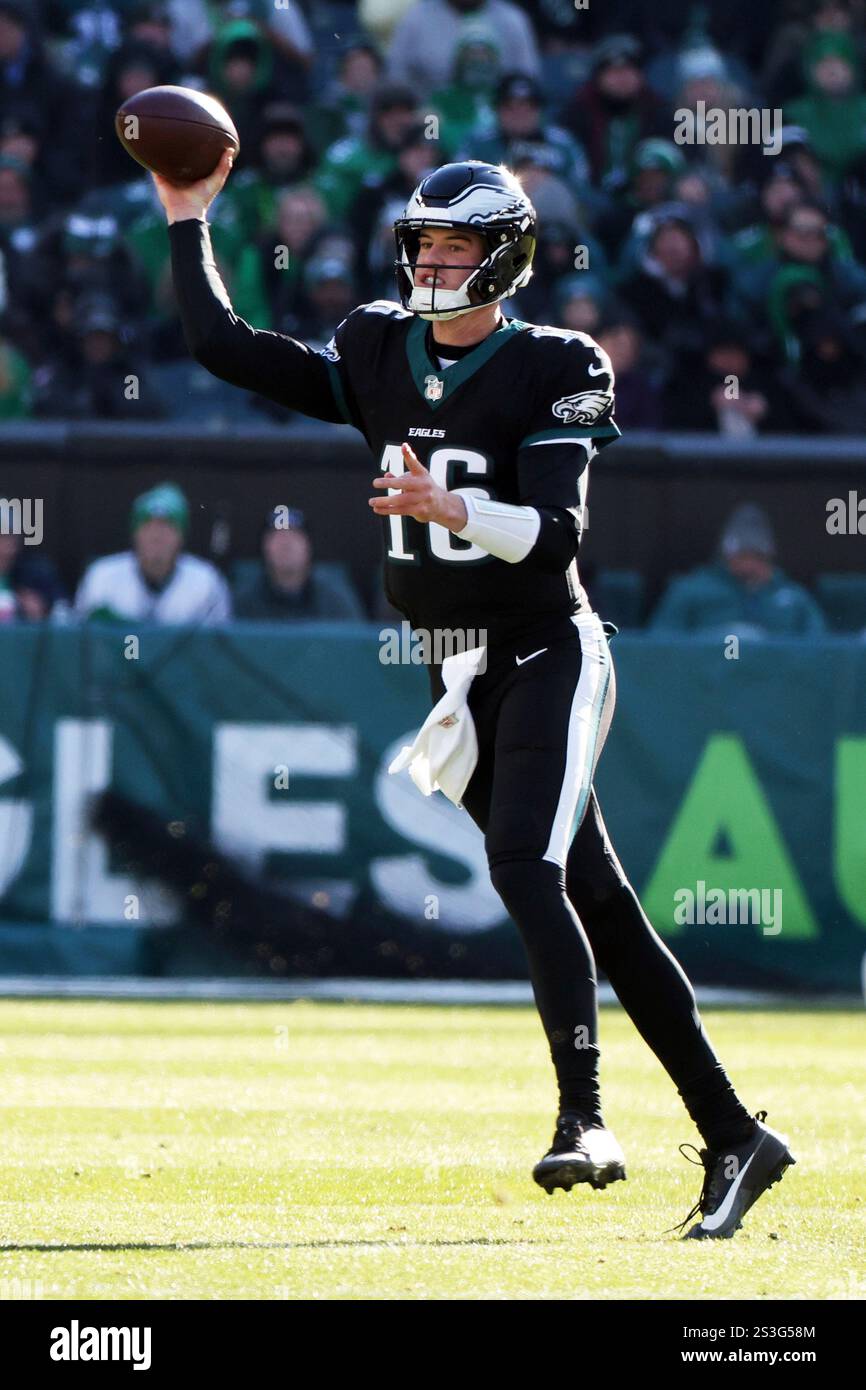 Philadelphia Eagles quarterback Tanner McKee (16) throws the ball ...