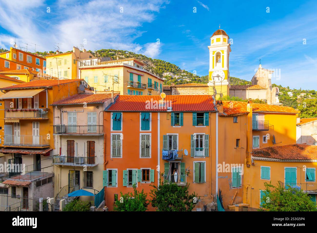The colorful skyline including the Saint Michel Church at the seaside ...