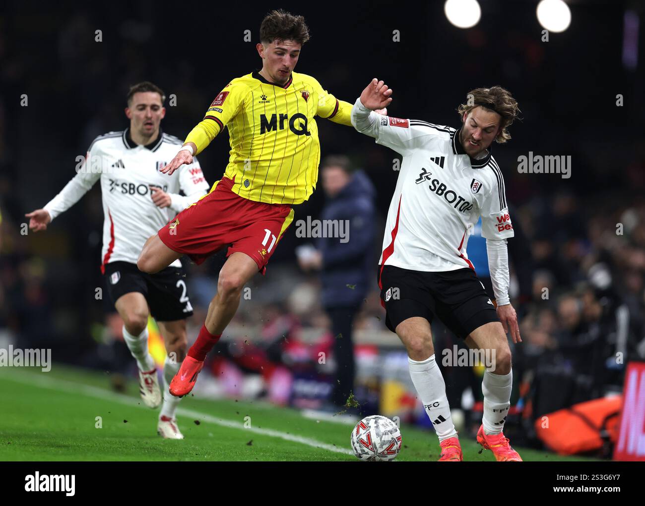 London, England, 9th January 2025. Rocco Vata of Watford and Joachim Andersen of Fulham ...