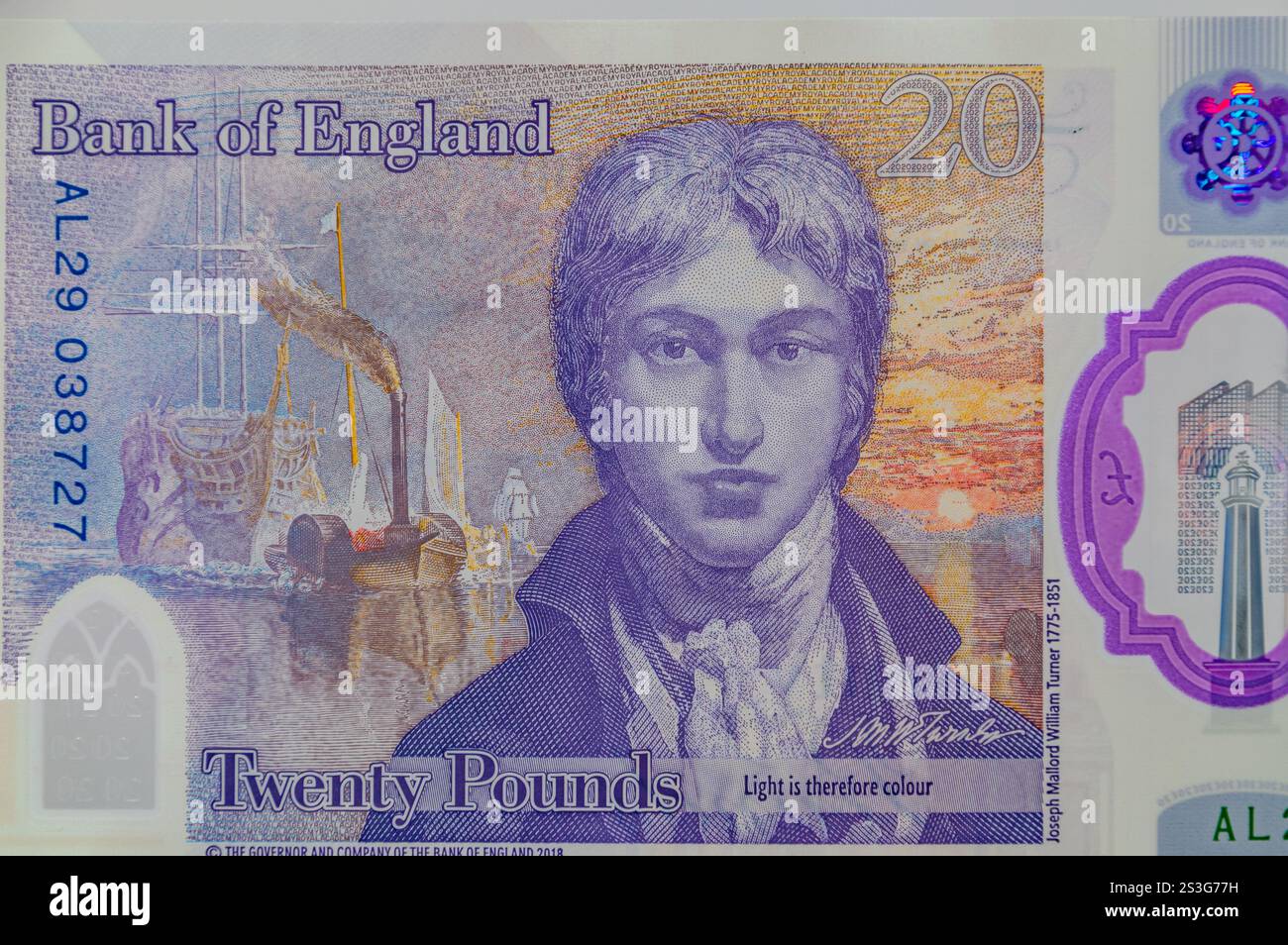 Portrait of Joseph Mallord William Turner on the 20 GBP note Stock ...