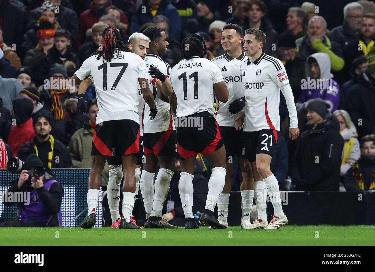 London, UK. 9th Jan, 2025. Rodrigo Muniz (2nd R) of Fulham celebrates ...