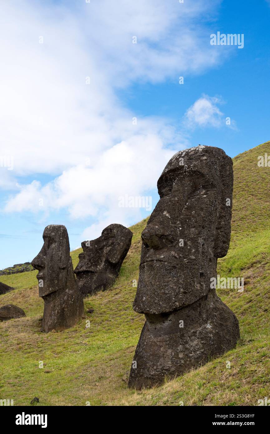 Half buried and fallen Moai (monolithic statues) at Rano Raraku, the ...