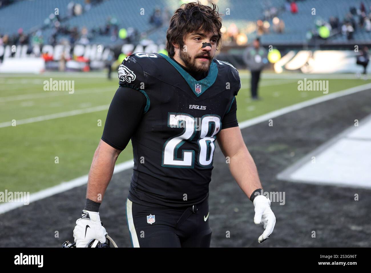 Philadelphia Eagles running back Will Shipley (28) walks off of the ...