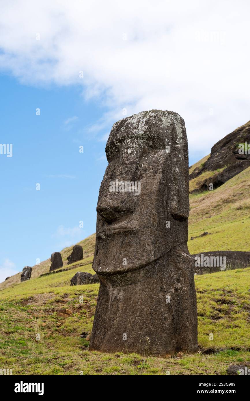 Half buried and fallen Moai (monolithic statues) at Rano Raraku, the ...