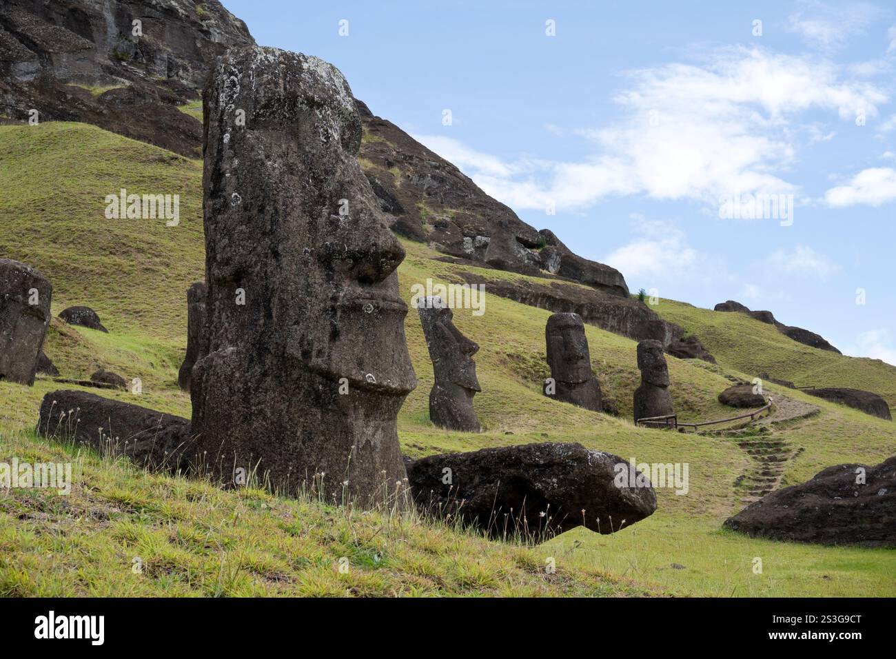 Half buried and fallen Moai (monolithic statues) at Rano Raraku, the ...