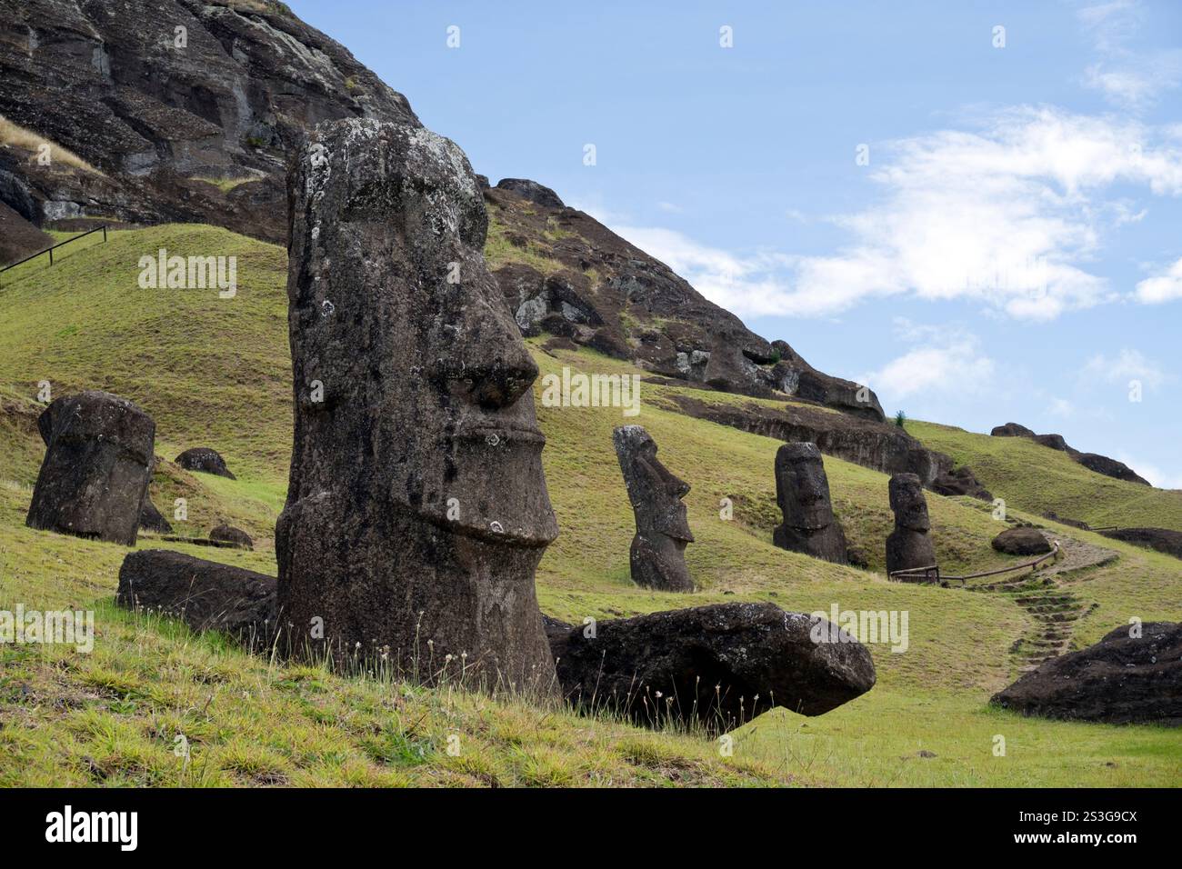 Half buried and fallen Moai (monolithic statues) at Rano Raraku, the ...