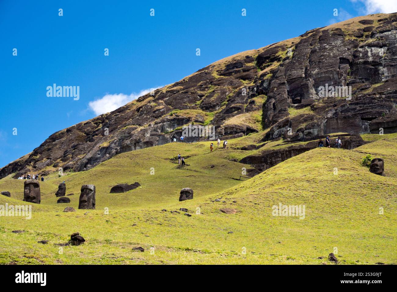 Half buried and fallen Moai (monolithic statues) at Rano Raraku, the ...