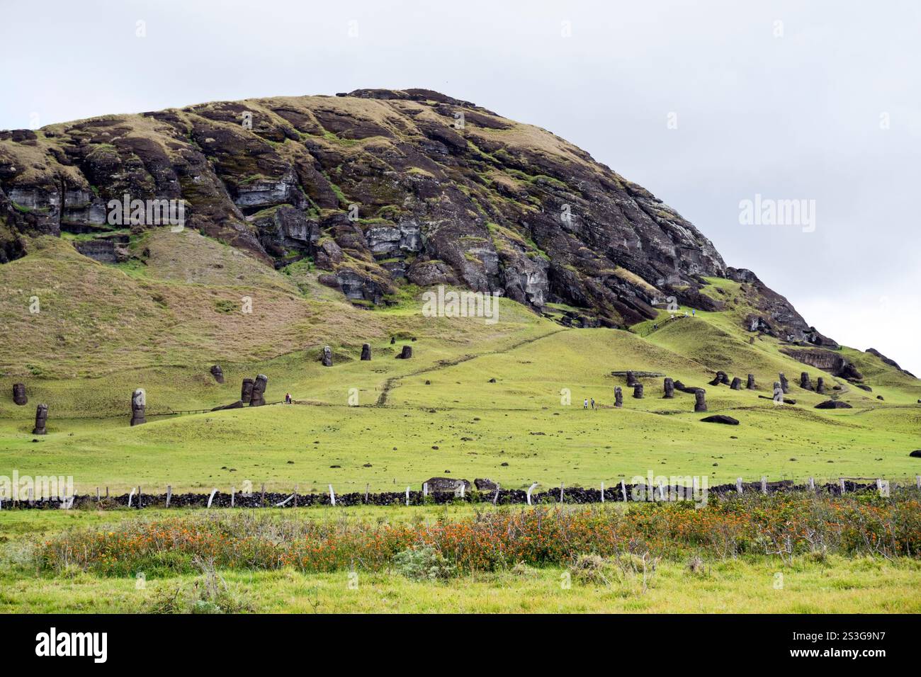 View of Rano Raraku, the quarry on the slopes of the Terevaka volcano ...