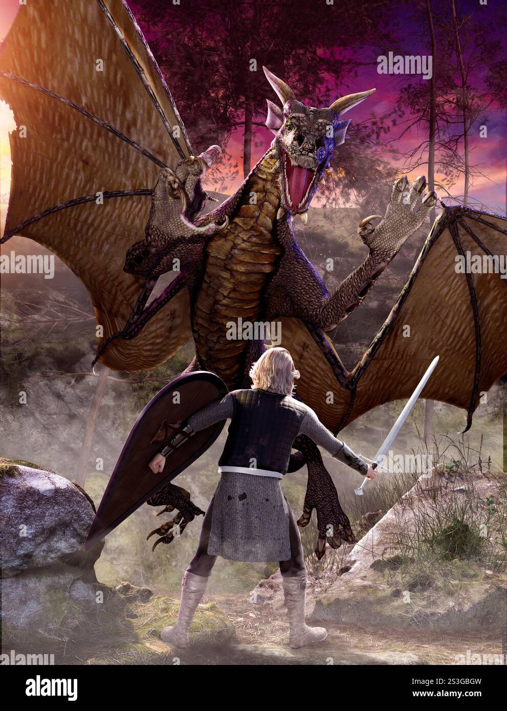 Sigurd or Siegfried a legendary hero of Germanic heroic legend, fighting the dragon Fafnir, 3d ...