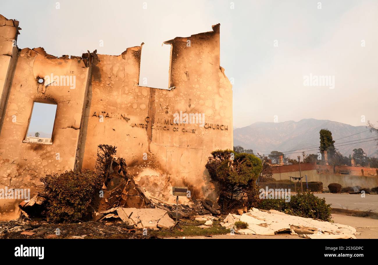 The charred remains of the Altadena Community Church are pictured ...