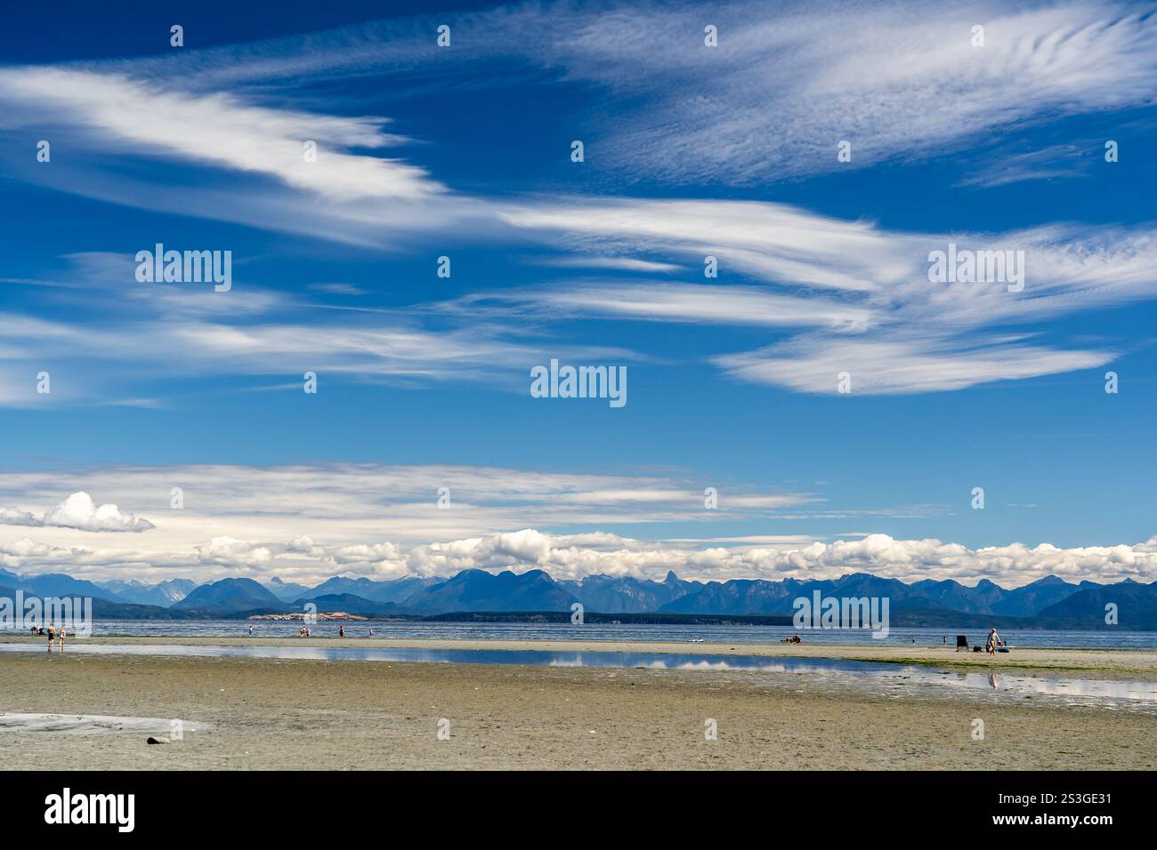 Beach scene with distant families during low tide overlooking the North ...