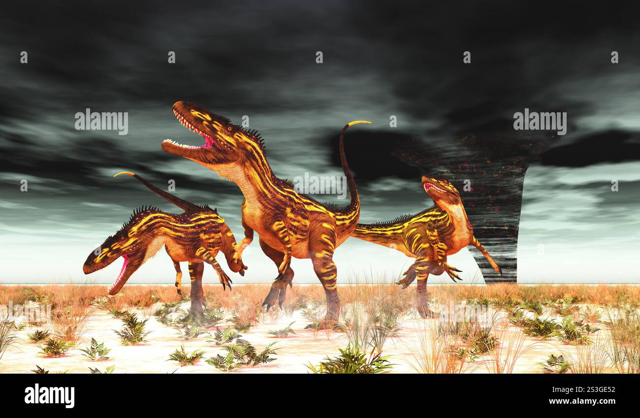 Torvosaurus theropod dinosaurs run for their lives to escape a tornado during the Jurassic Age ...