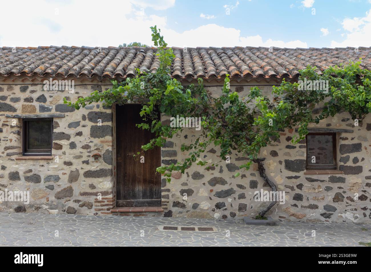 Stone Cottage with Vine-Covered Wall Stock Photo - Alamy