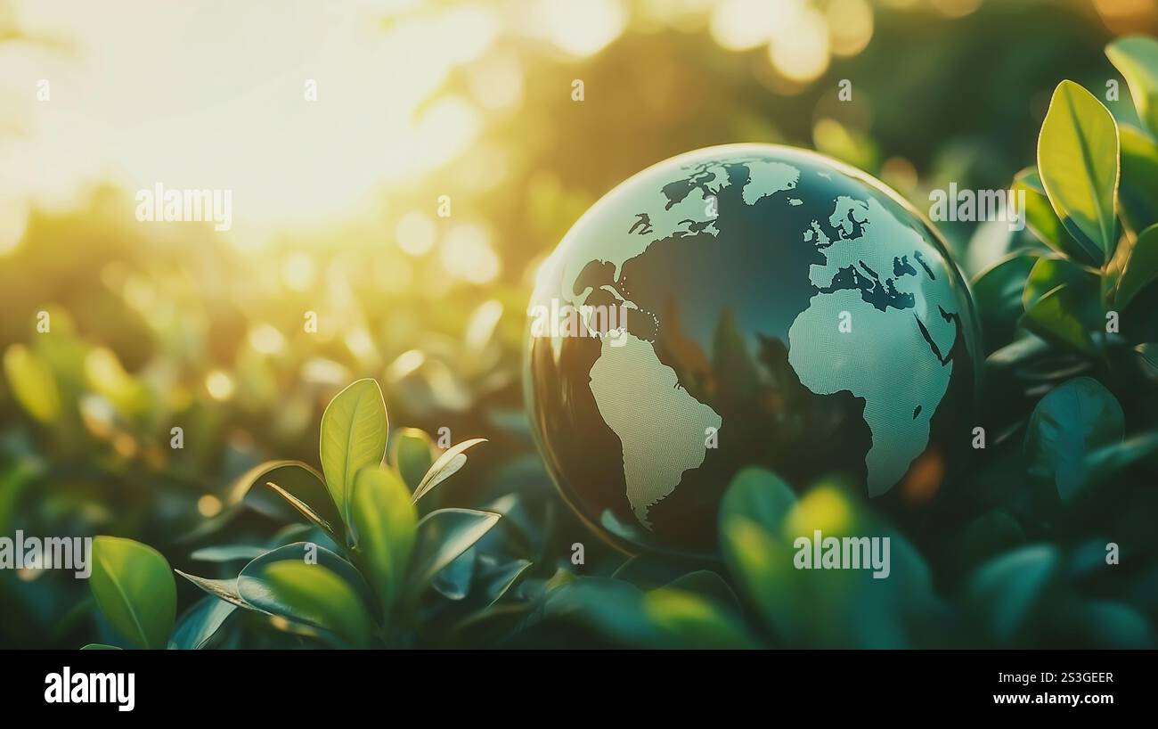 Earth day concept: glass globe nestled in lush green foliage with ...