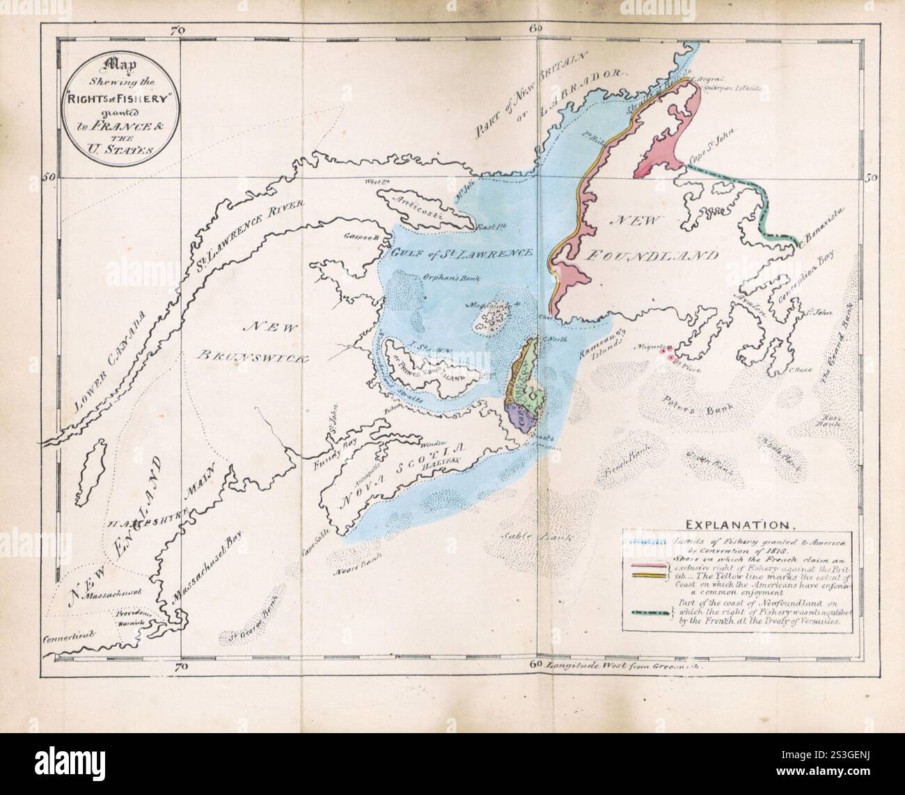 Map showing the Rights of Fishery granted to France and the United ...