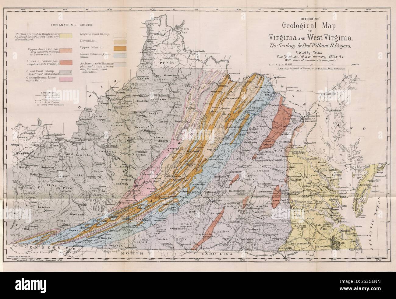 Hitchkiss Geological Map of Virginia and West Virginia, 1840s Stock ...