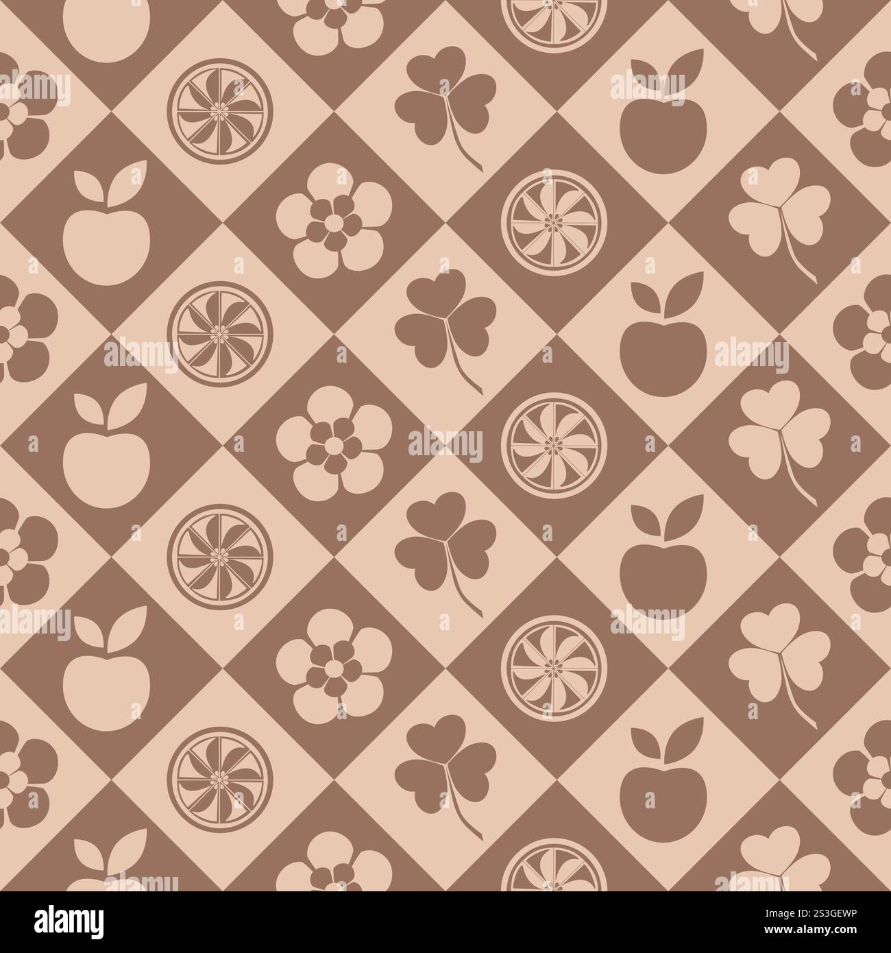 Seamless geometric pattern with fruits and flowers mocha mousse, vector ...
