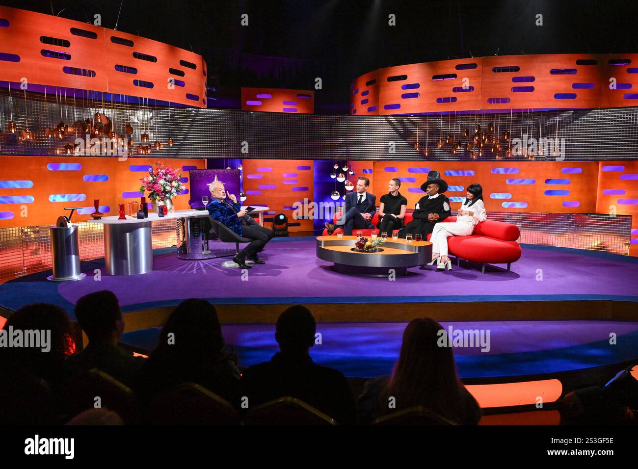 EDITORIAL USE ONLY (left to right) Host Graham Norton, Tom Hiddleston, Brie Larson, Billy Porter ...