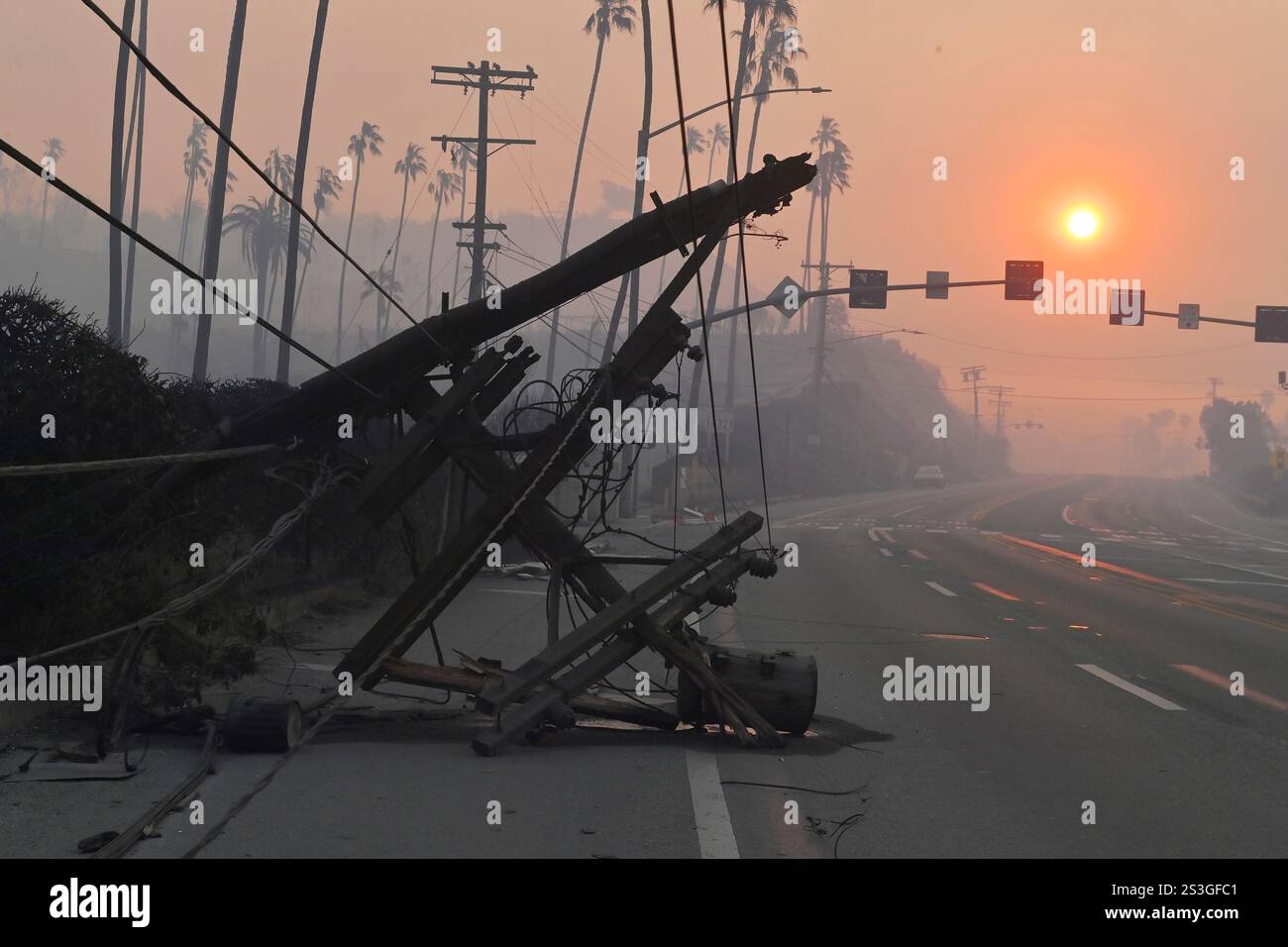 Los Angeles, United States. 09th Jan, 2025. Fallen power lines are seen ...
