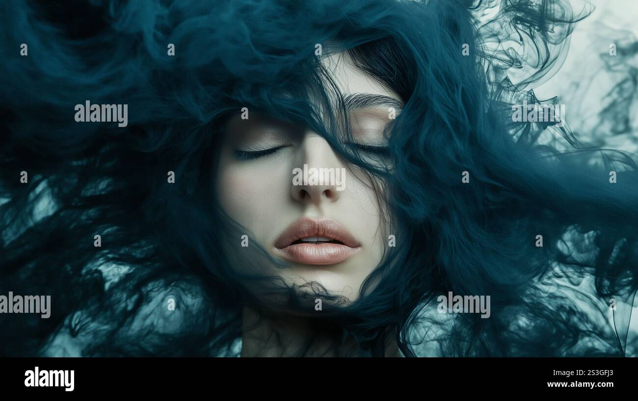 Abstract dark woman with light beams on her face with black smoke ...