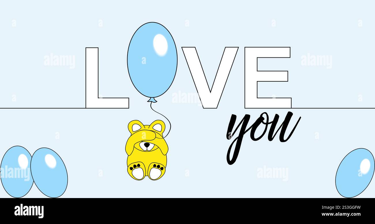Love word icon. Teddy bear cub sitting and holding a balloon ...