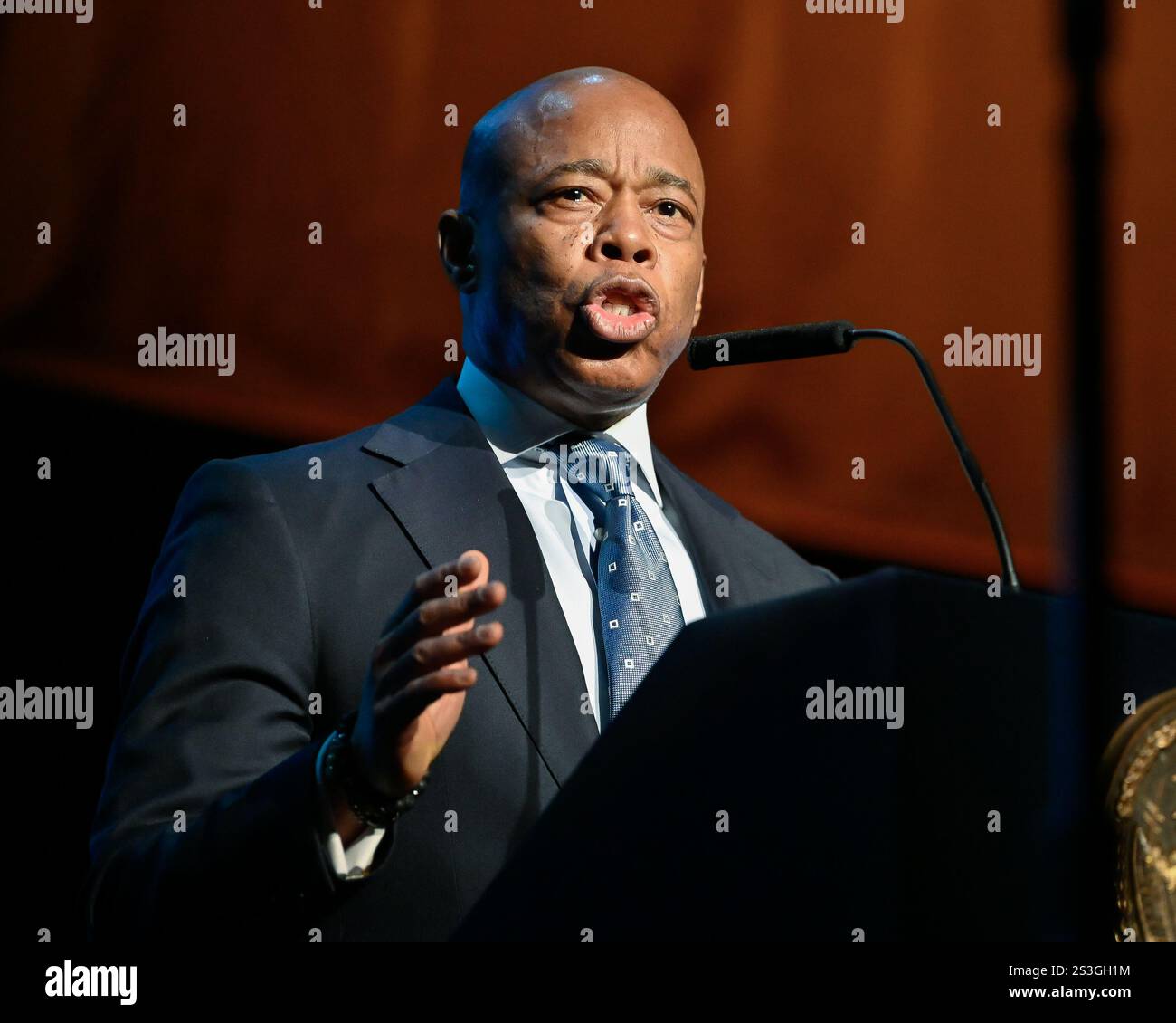 New York, USA. 09th Jan, 2025. Mayor Eric Adams delivers the State of ...