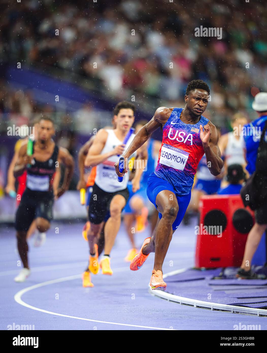 Bryce Deadmon participating in the 4X400 meters relay at the Paris 2024 ...