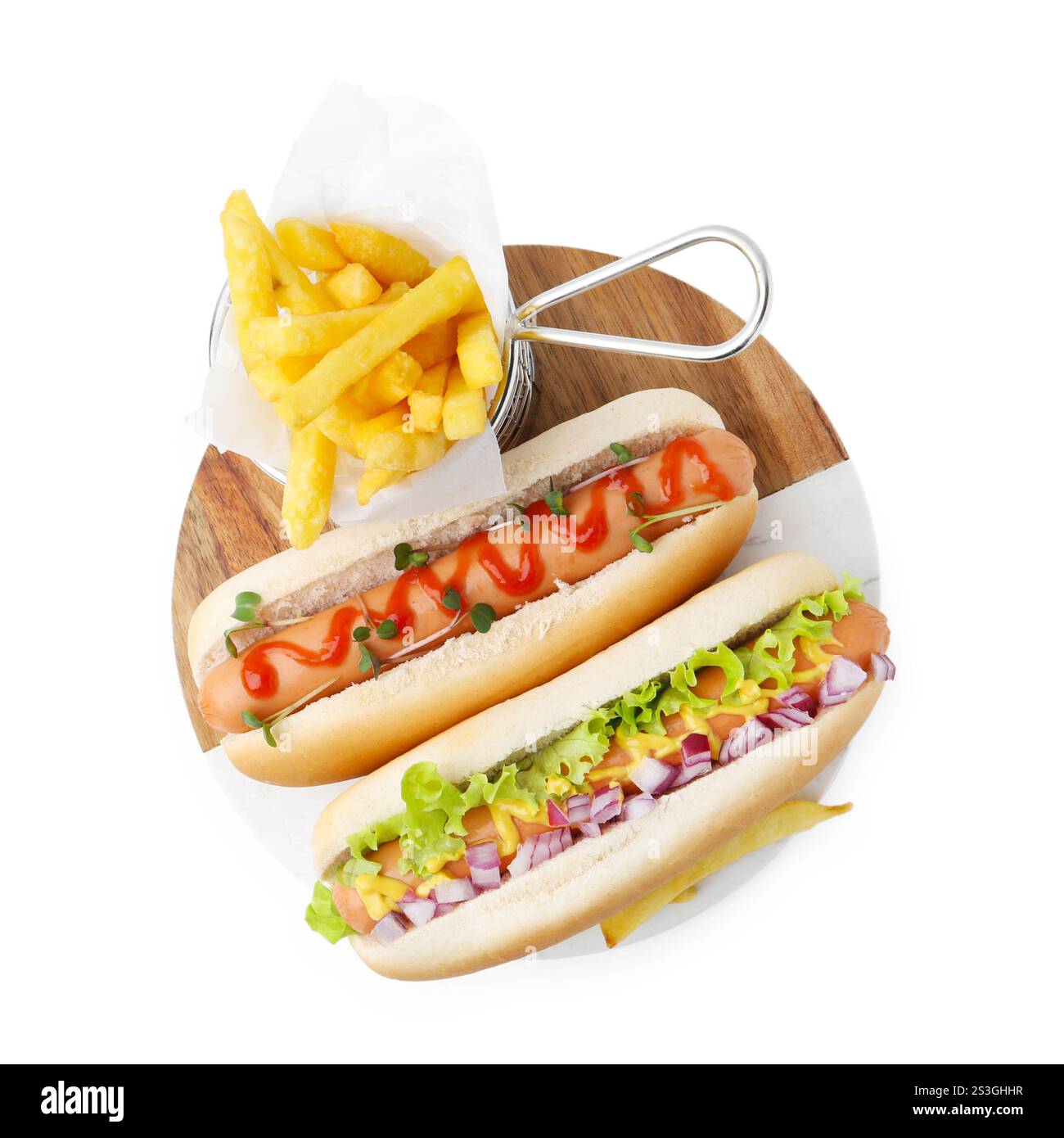 Tasty hot dogs with fries isolated on white, top view Stock Photo - Alamy