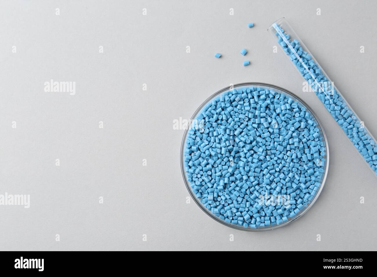 Light blue plastic granules in petri dish and test tube on gray ...